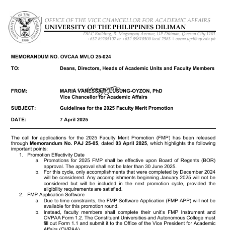 Memorandum No. OVCAA-MVLO 25-024: Guidelines for the 2025 Faculty Merit ...