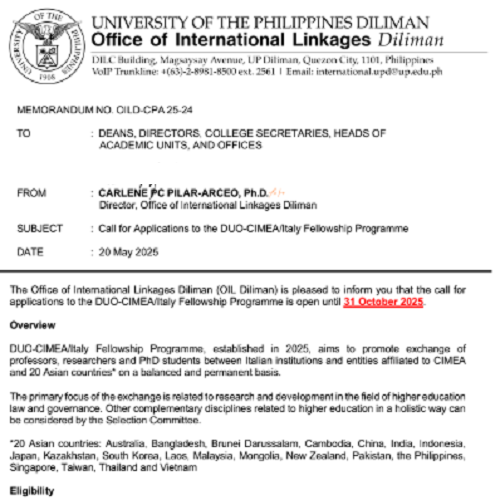 Memorandum No. OILD-CPA 25-24: Call for Applications to the DUO-CIMEA/Italy Fellowship Programme ...