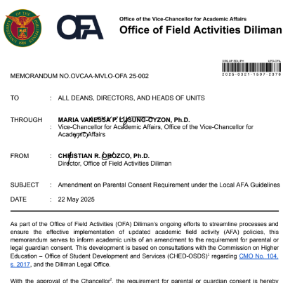 Memorandum No. OVCAA-MVLO-OFA 25-002: Amendment on Parental Consent ...