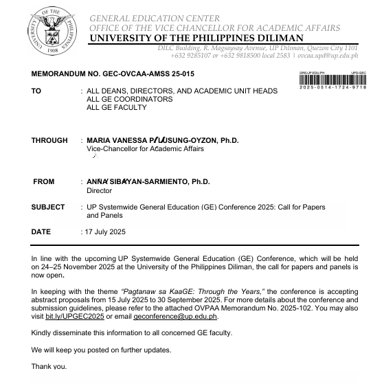 Memorandum No. GEC-OVCAA-AMSS 25-015: UP Systemwide General Education ...