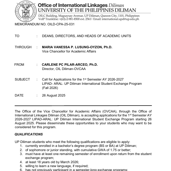 Memorandum No. OILD-CPA-25-031: Call for Applications for the 1st ...
